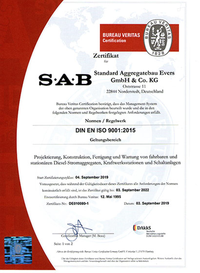 Zertifizierte Qualität: SAB Schaltanlagen und Dieselaggregate